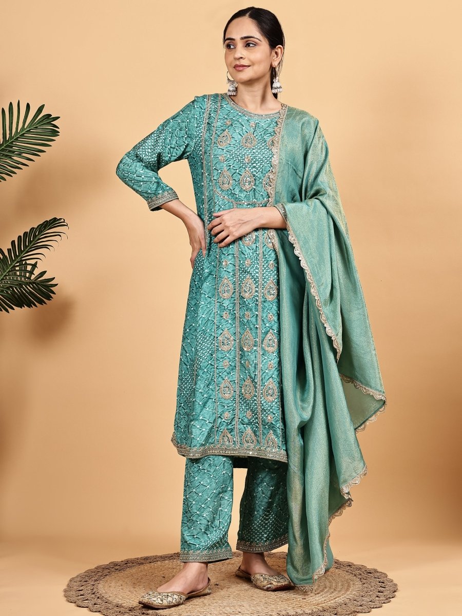 Sea Green Embroidered Kurta Set with Dupatta – House Of Paral